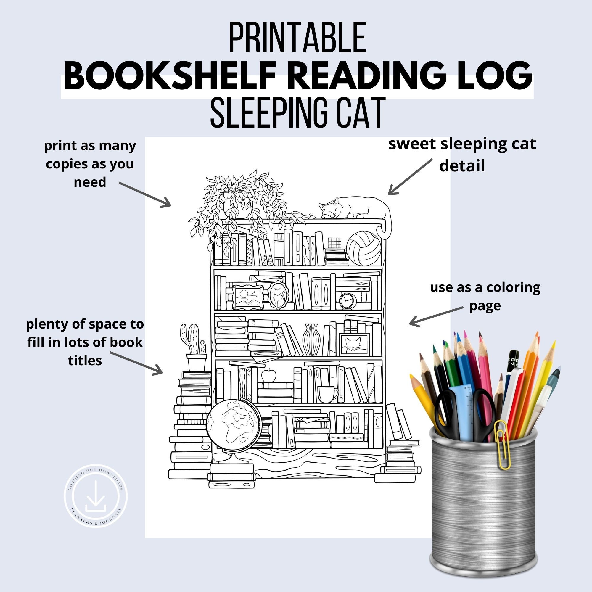 Sleeping Cat Bookshelf Book Tracker Printable Planner Insert Reading ...