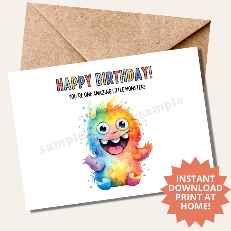 Printable Kids Birthday Card Cute Monster Birthday Card for Children ...