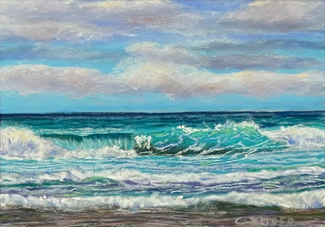 Turquoise Waves Under a Cloudy Sky, an Original Soft Pastel Painting by ...