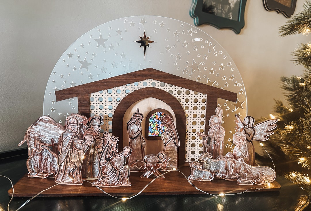 One of a Kind Acrylic & Wood Nativity Set Handmade Christmas Decor Holy ...