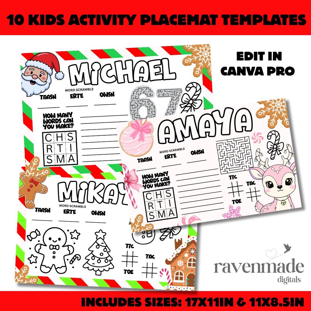 Editable Kids Christmas Activity Placemats Set of 10, Printable Holiday ...