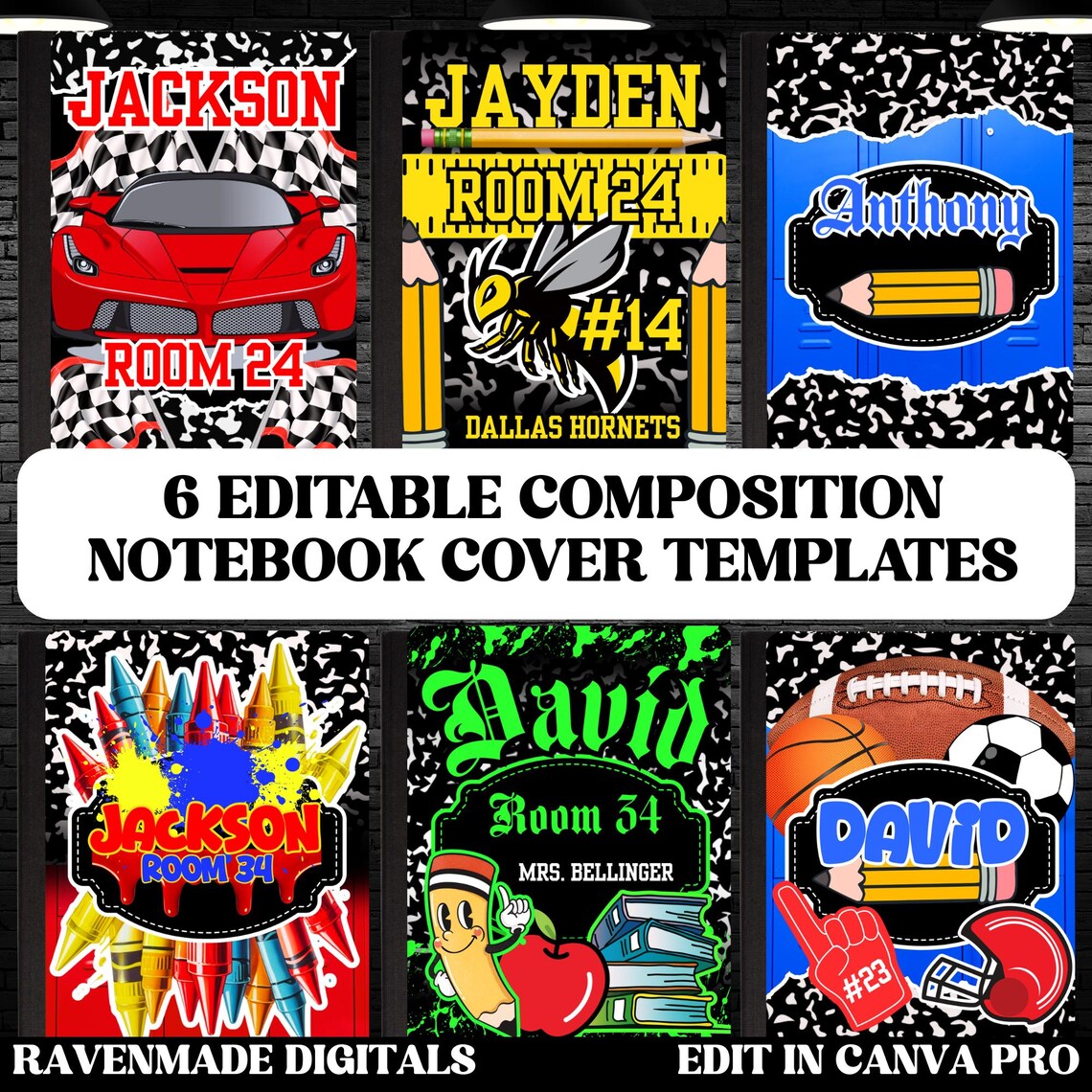 Boys Composition Notebook Cover Templates, 6 Editable Back to School ...