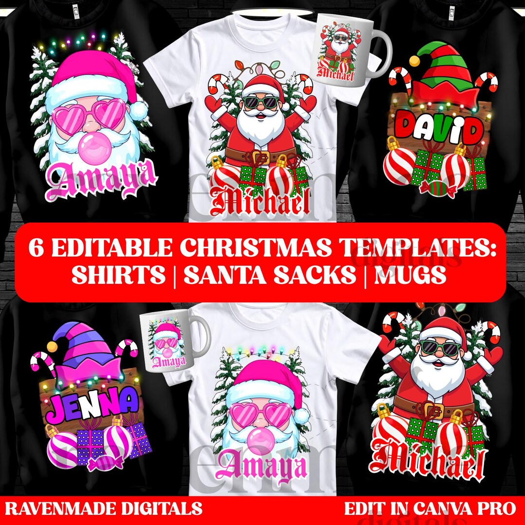 6 Editable Christmas Templates Bundle | Santa Shirt & Mug Designs ...