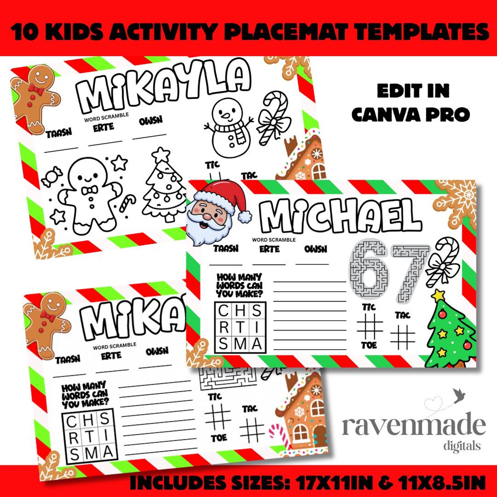 Editable Kids Christmas Activity Placemats Set of 10, Printable Holiday ...