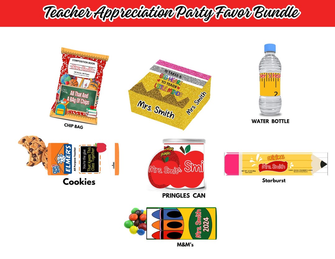 Teacher Appreciation Party Favor Template Bundle, Editable Teacher Gift ...