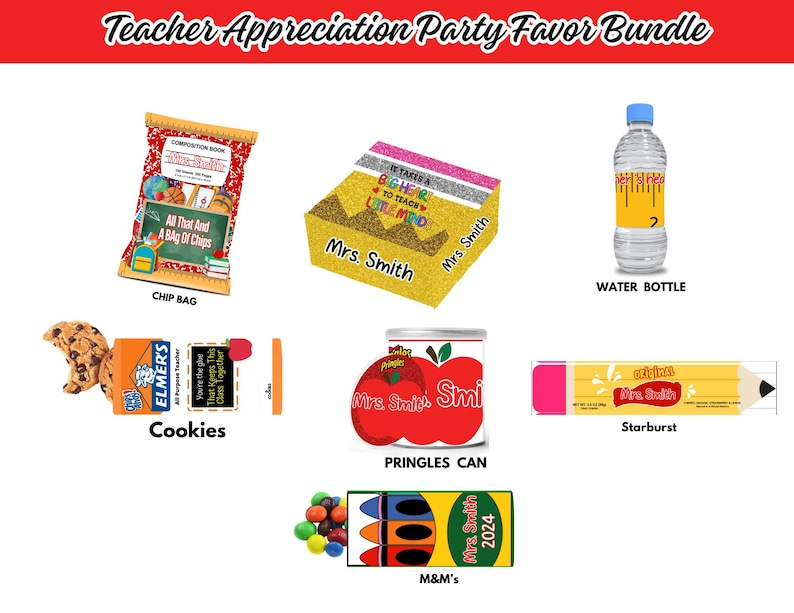 Teacher Appreciation Party Favor Template Bundle, Editable Teacher Gift ...