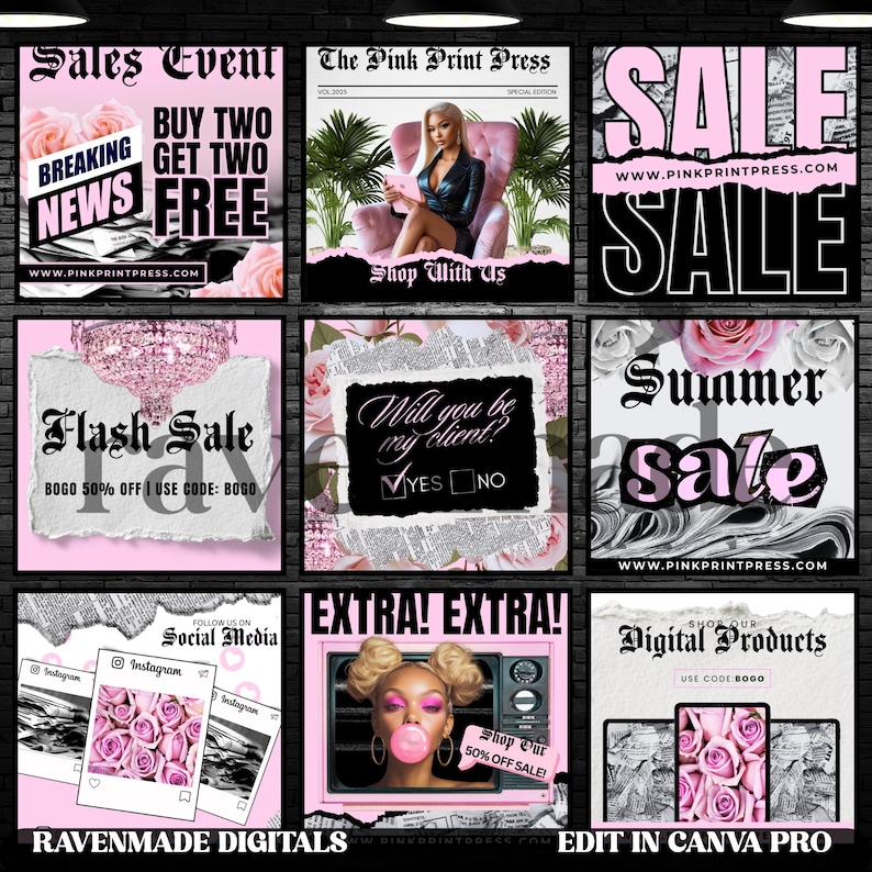 Pink Newspaper Social Media Sale Templates Bundle, 10 Editable Promo ...