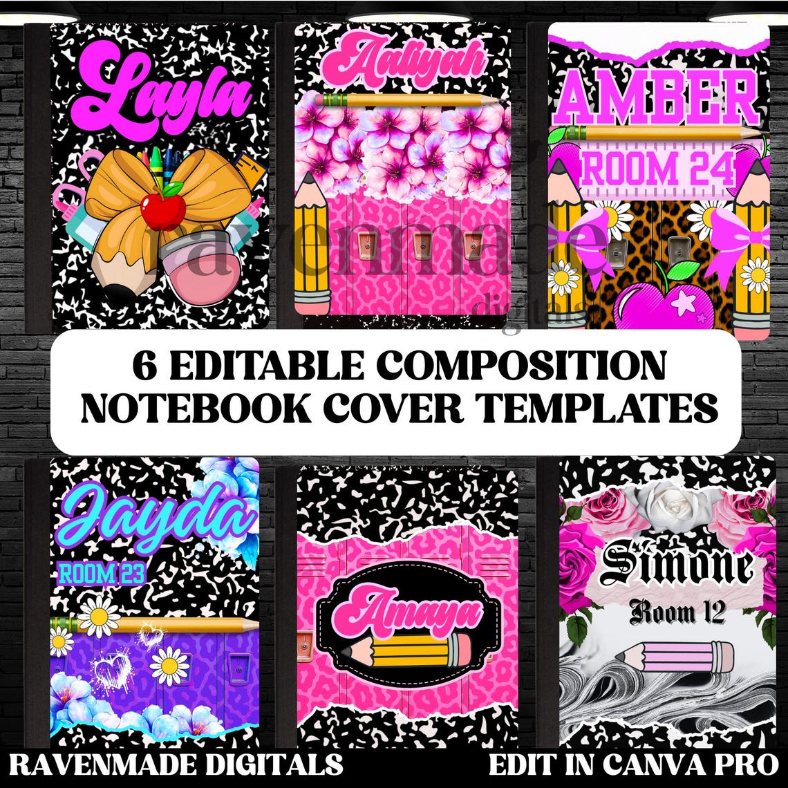 Girls Composition Notebook Cover Templates, 6 Editable Back to School ...
