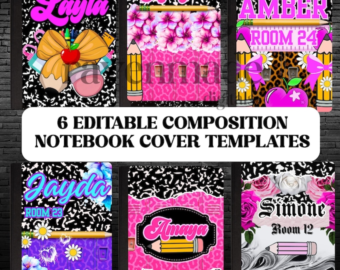 Girls Composition Notebook Cover Templates, 6 Editable Back to School ...