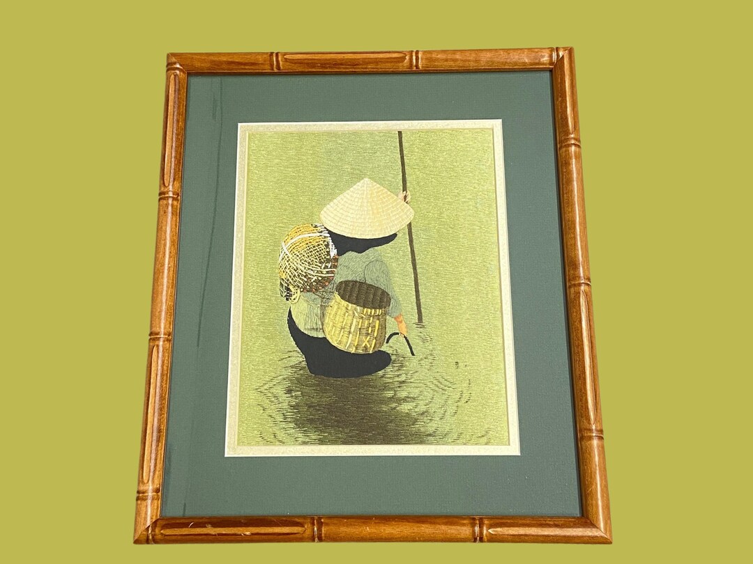 MCM Asian Embroidery Crewel Silk Green Rice Paddy Rippled Water Mid ...