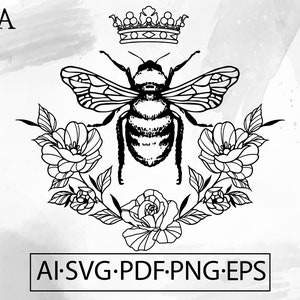 Queen Bee Floral SVG Bumble Honeycomb Boho Flower Wildflowers Tattoo Crown Ink- Instant Digital ...