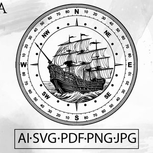 Pirate Ship Compass SVG Sailing Ships Boat Boho Tattoo - Instant ...