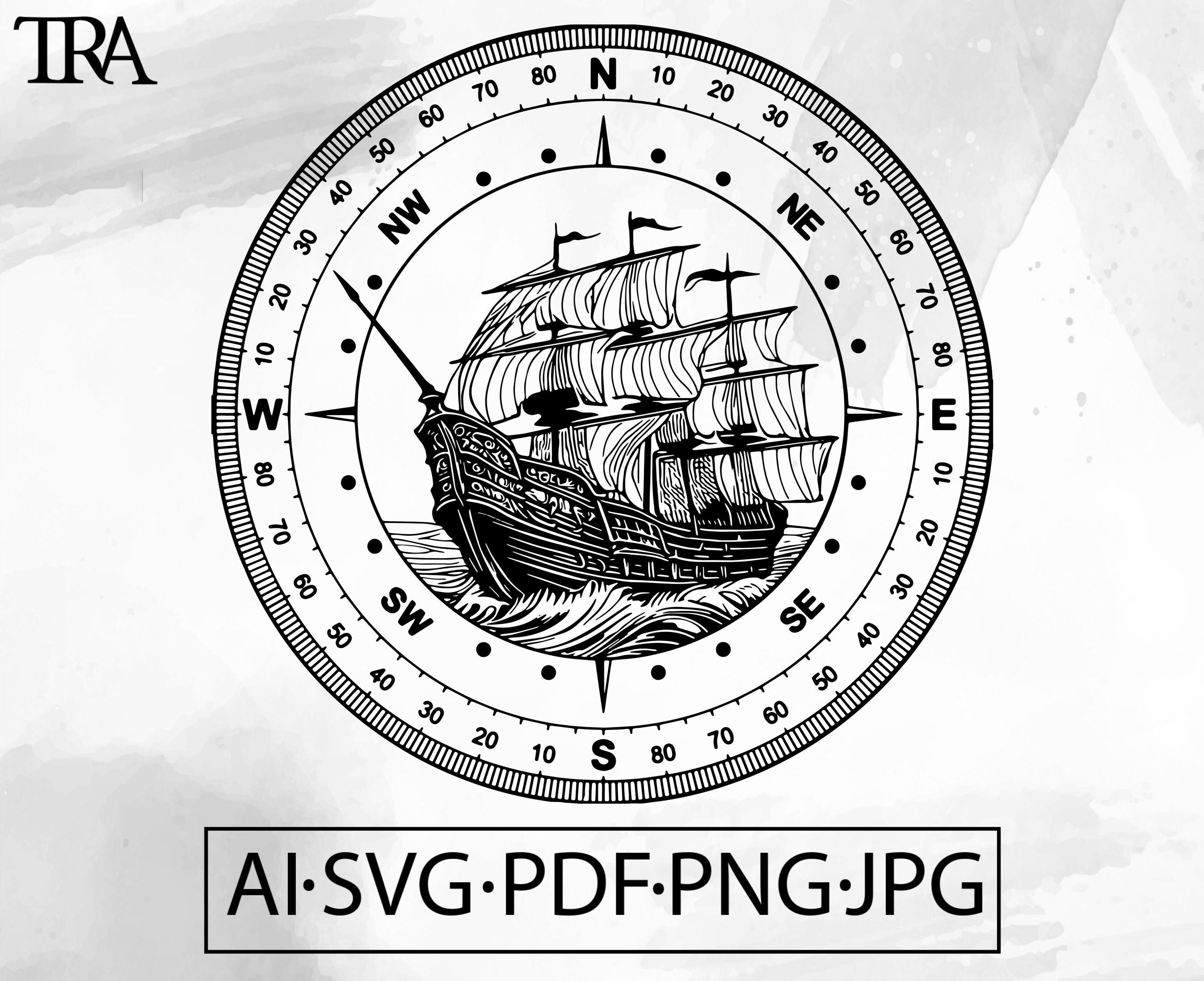 Pirate Ship Compass SVG Sailing Ships Boat Boho Tattoo Instant Digital ...