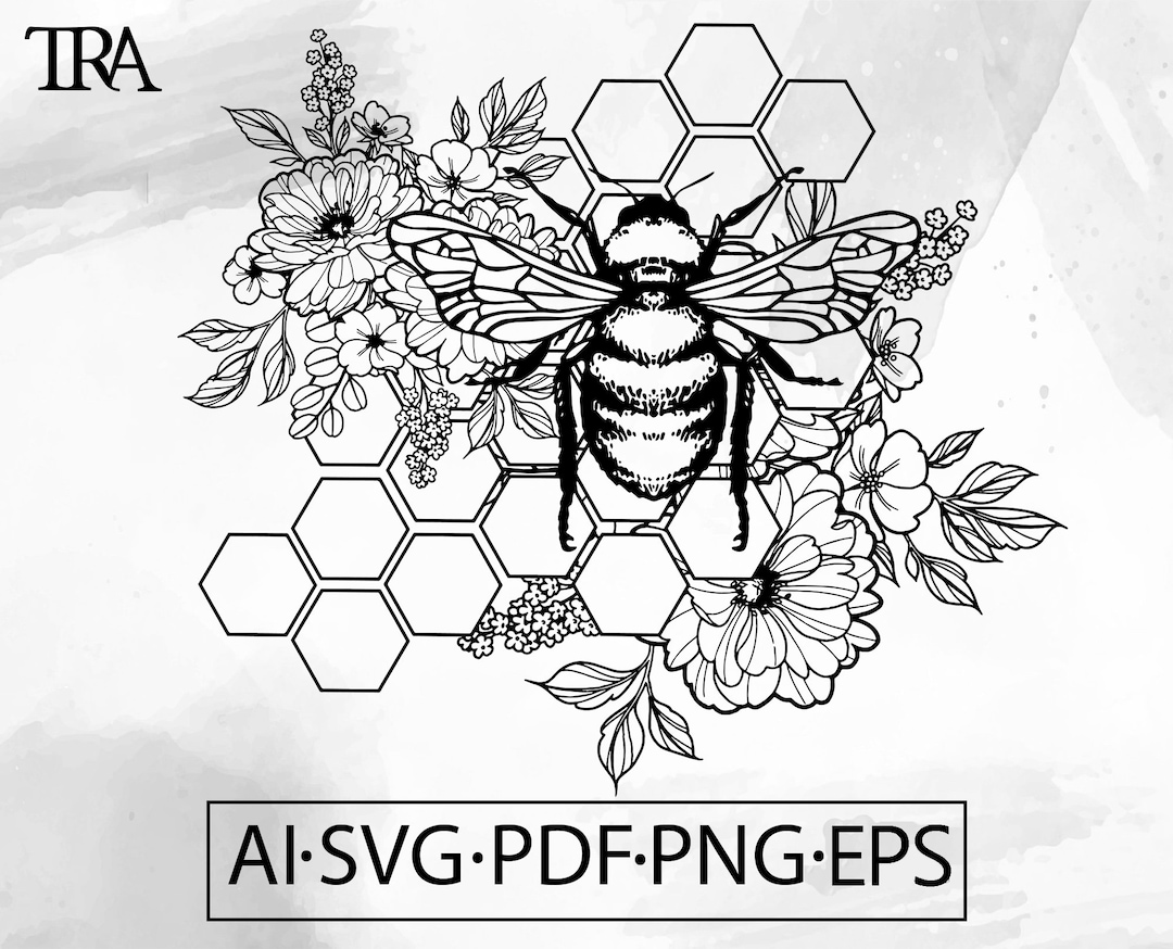Bee Floral Honeycomb SVG Bumble Boho Flower Tattoo Bug Animal Crown Ink ...