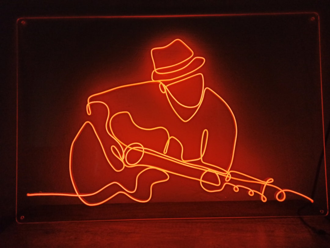 Person Sing a Song With Acoustic Jazz Guitar Neon Sign, Music Theme ...