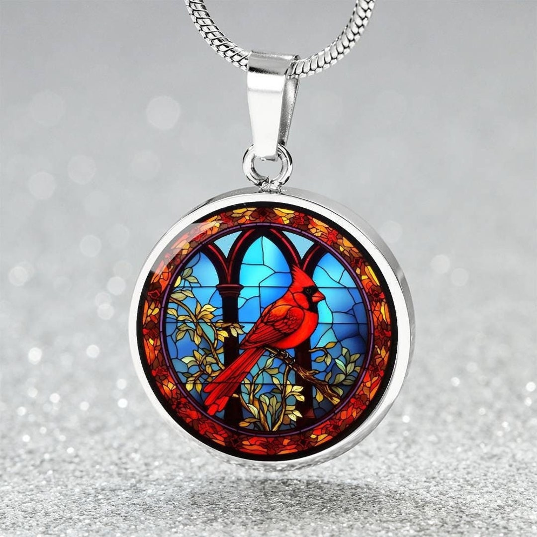 Cardinal Faux Stained Glass, Memorial Pendant Necklace, Personalized ...