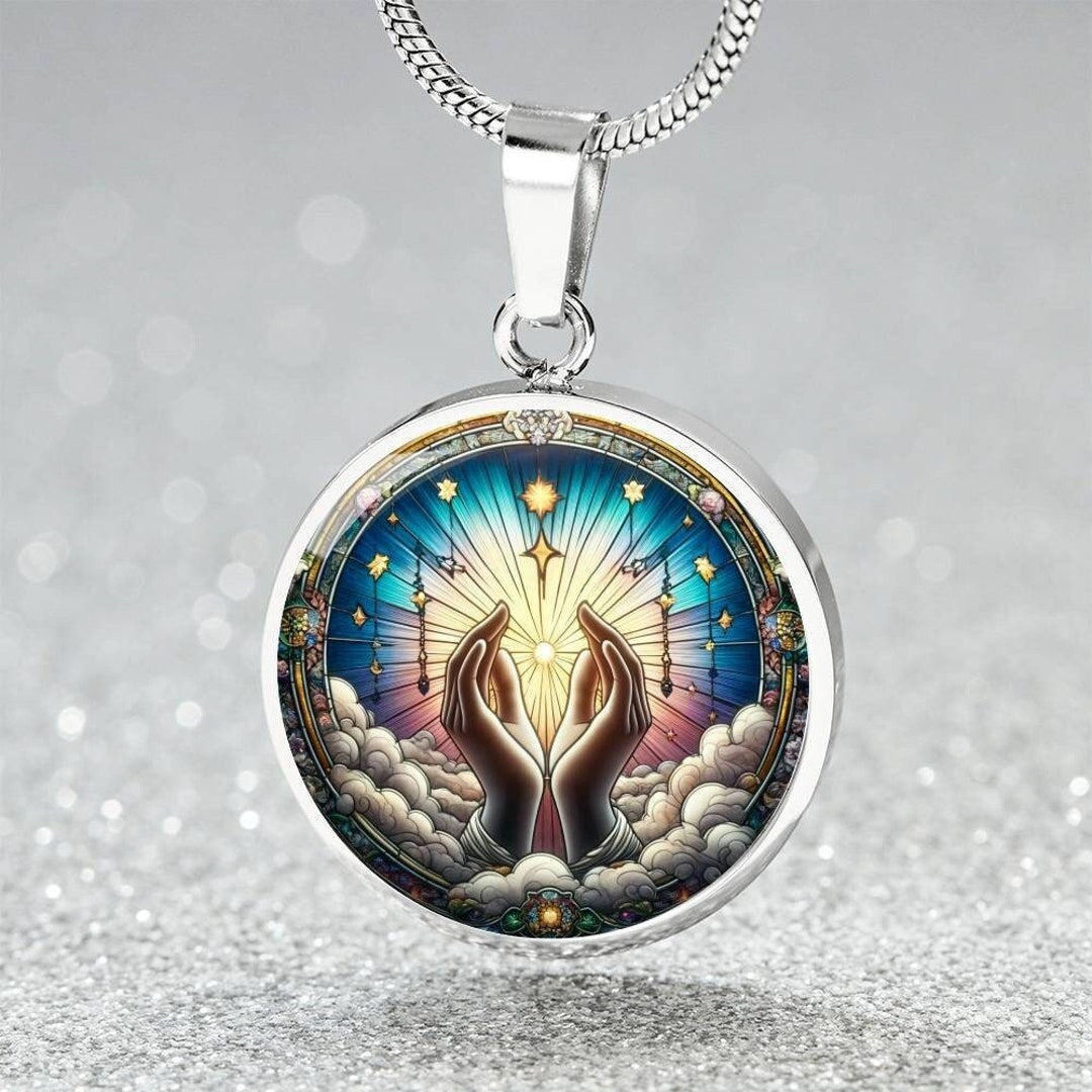 Prayer Hands Stained Glass Necklace, Spiritual Pendant, Intricate ...