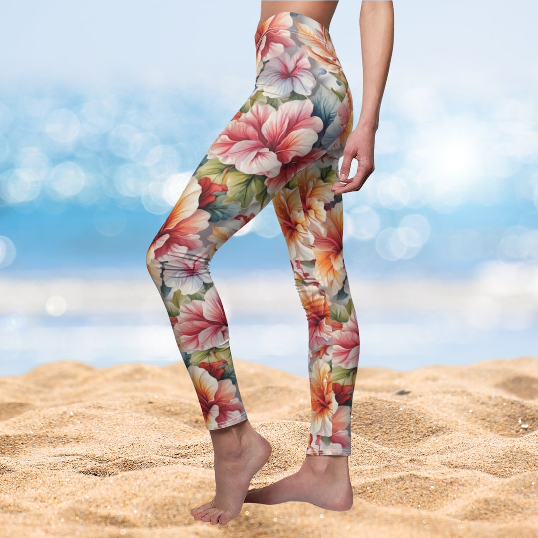 Colorful Tropical Hibiscus Flowers, Women's Leggings, Flowered Yoga ...