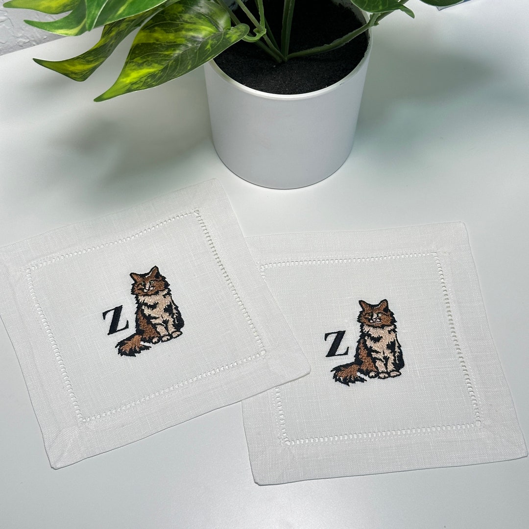 Embroidered Cat Cocktail Linen Napkins, Embroider Feline Linen Napkin ...