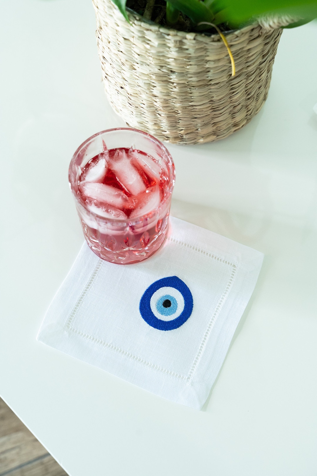 Embroidered Evil Eye Linen Cocktail Napkins, Good Luck Napkin, Greek ...