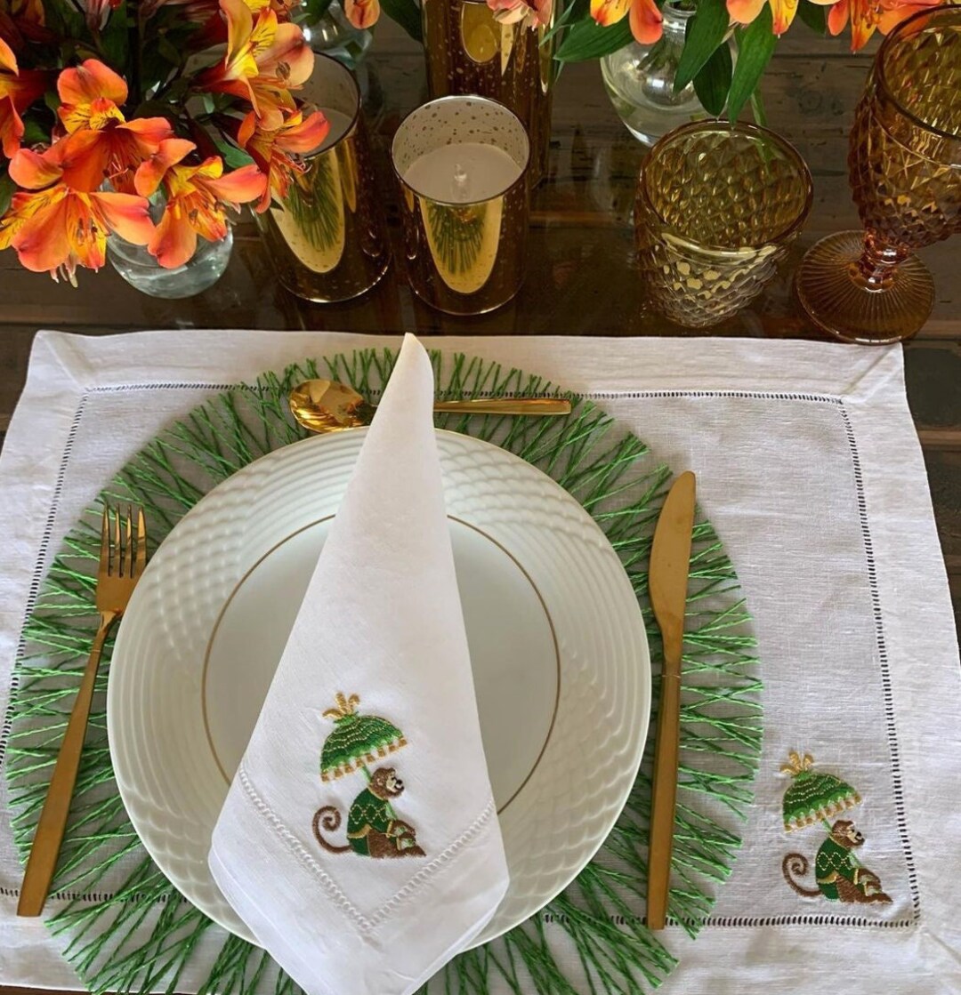 Embroidered Monkey With Parasol Dinner Napkins, Marrakech Monkey ...