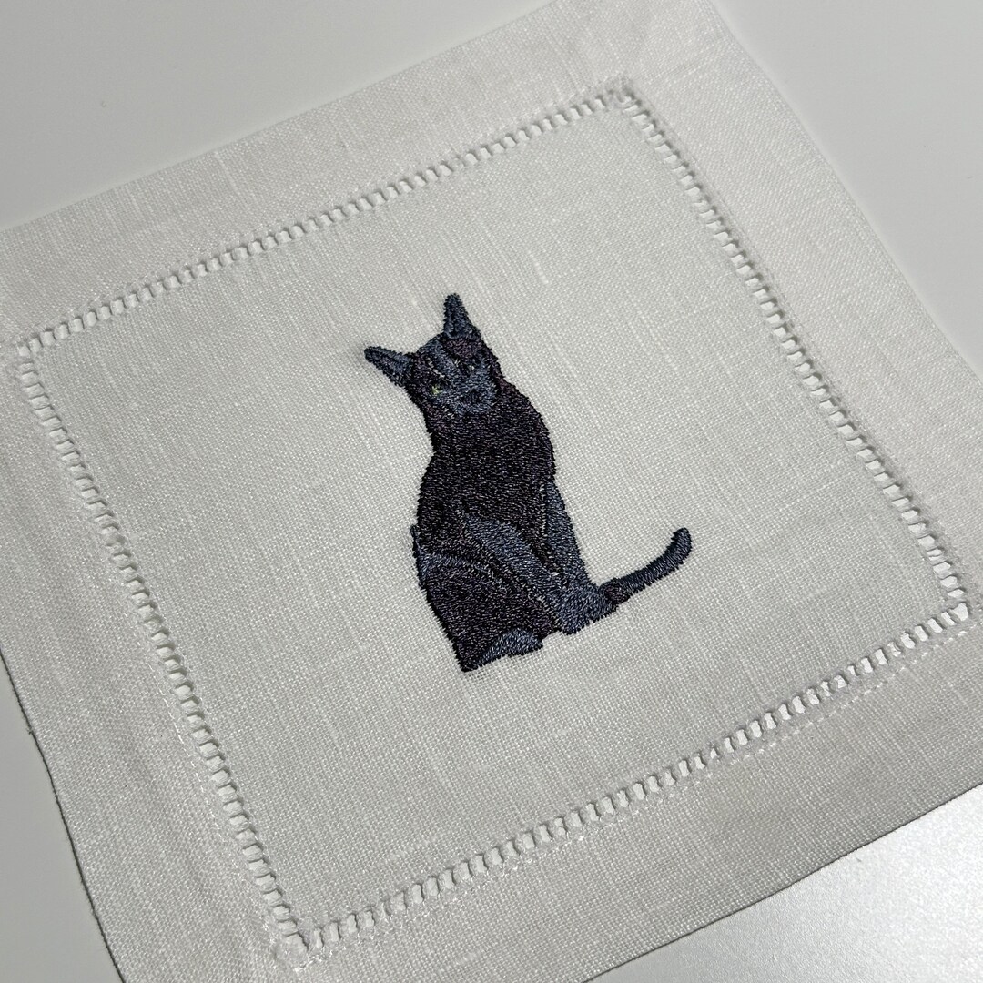 Embroidered Cat Cocktail Linen Napkins, Embroider Feline Linen Napkin ...