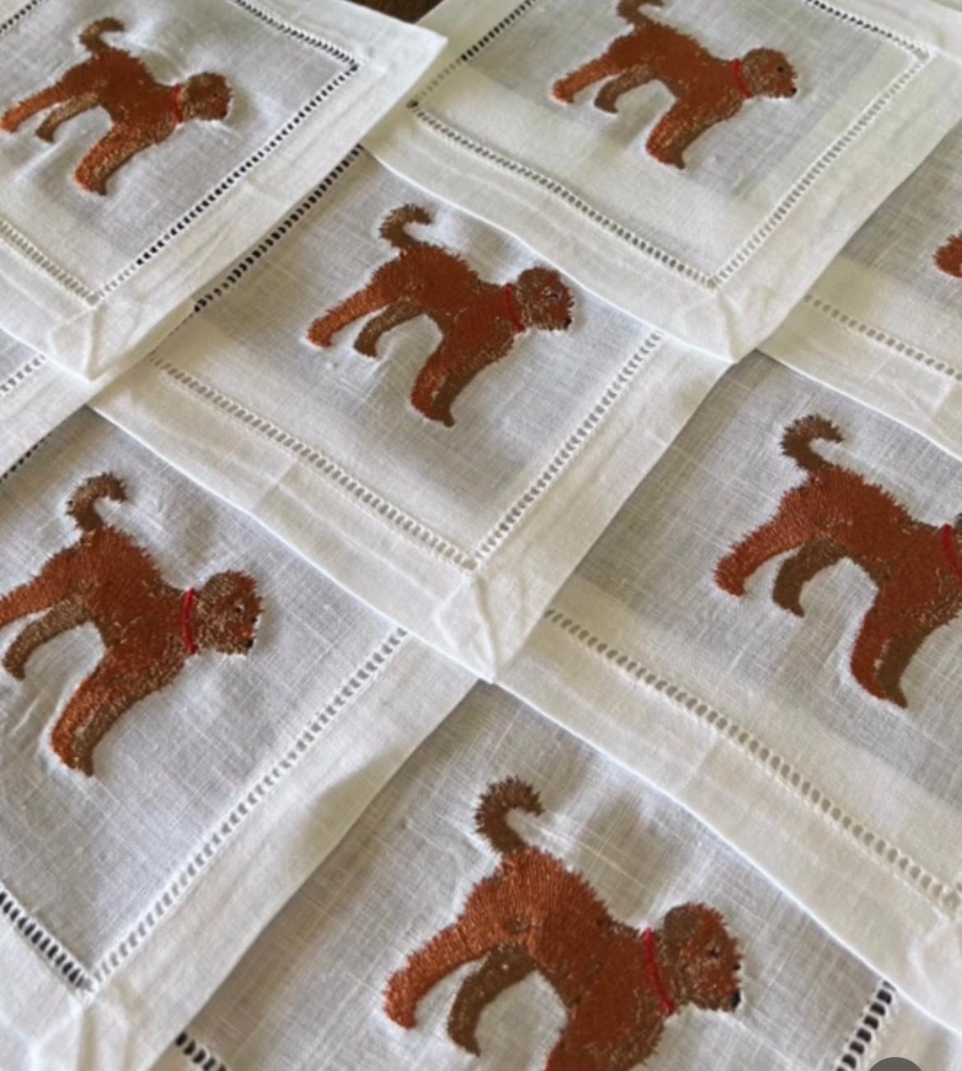 Embroidered Red Doodle Dog Cocktail Linen Napkins, Embroider Golden ...