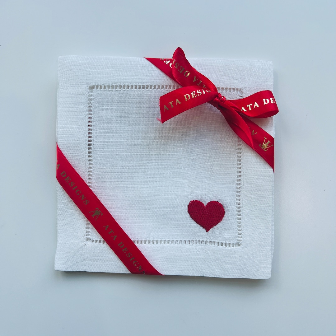 Embroidered Hearts Linen Cocktail Napkins, Valentine's Napkins ...