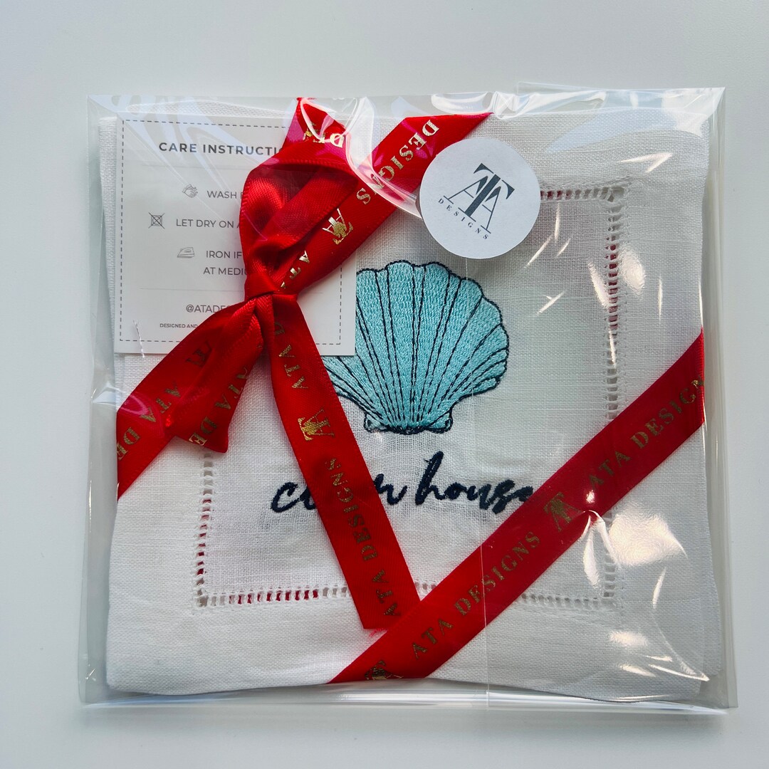 Embroidered Custom Clam Cocktail Linen Napkins, Embroider Marine Linen ...