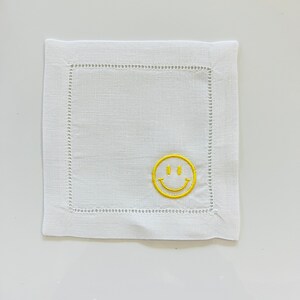 Embroidered Happy Face Linen Cocktail Napkins, Smiley Face Napkins ...