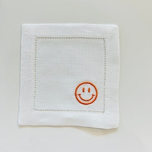 Embroidered Happy Face Linen Cocktail Napkins, Smiley Face Napkins ...