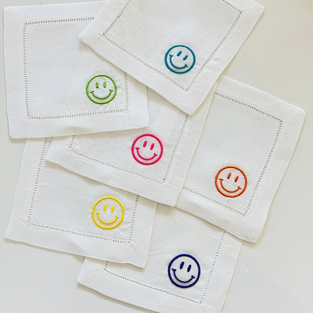Embroidered Happy Face Linen Cocktail Napkins, Smiley Face Napkins ...