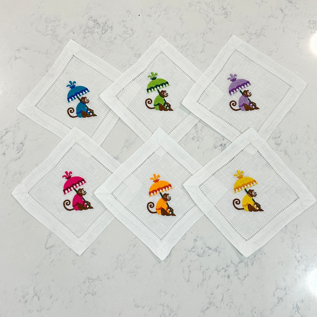 Embroidered Monkey With Parasol Cocktail Napkins, Marrakech Monkey ...