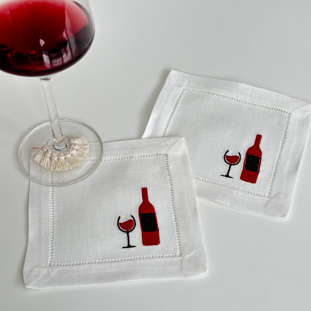Embroidered Cocktails Linen Napkins, Bar Cart Cocktail Napkins, Wine ...