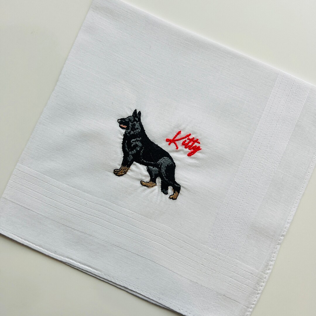 Embroidered German Shepherd Cotton Handkerchief, Black German Shepherd ...