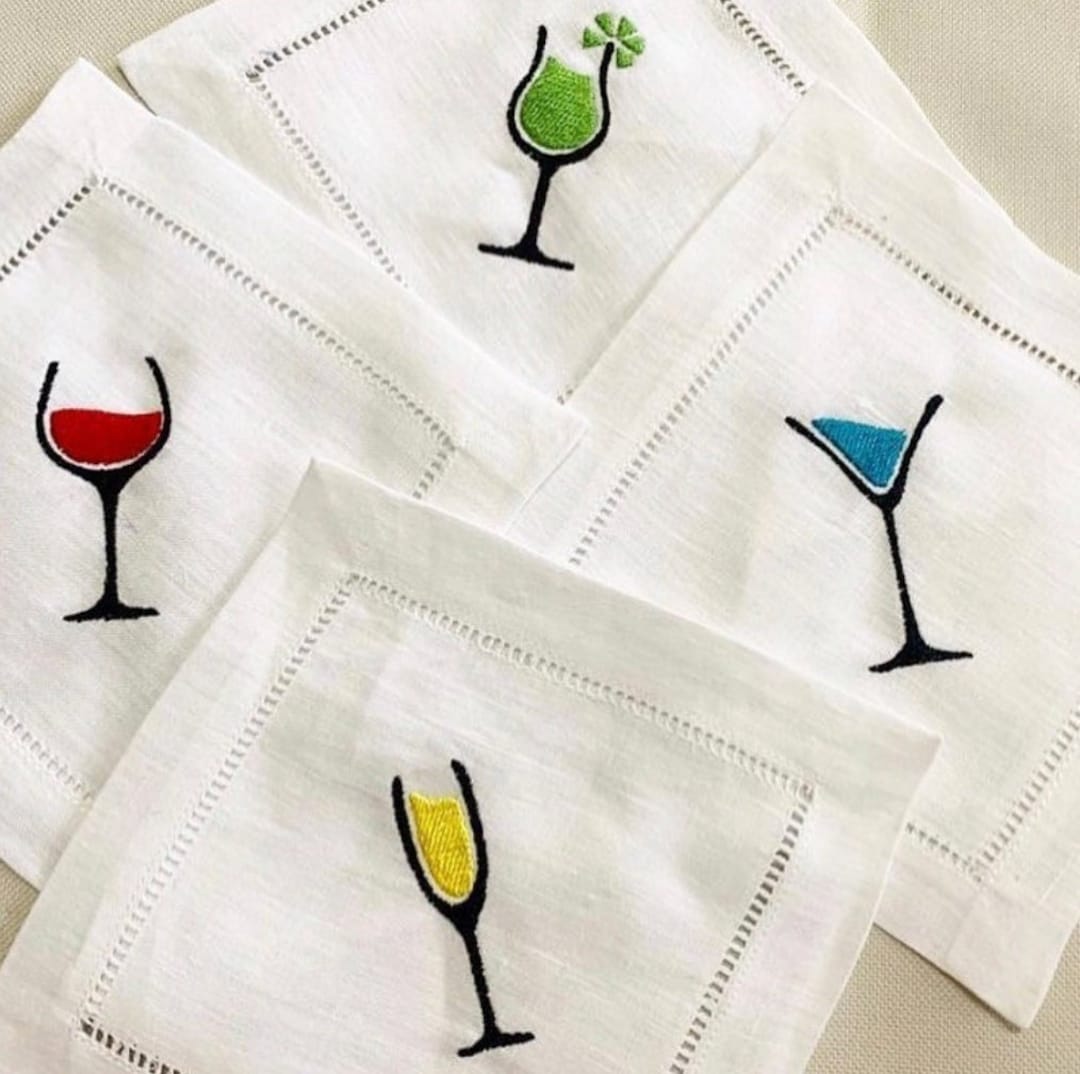Embroidered Cocktails Linen Napkins, Bar Cart Cocktail Napkins, Wine ...