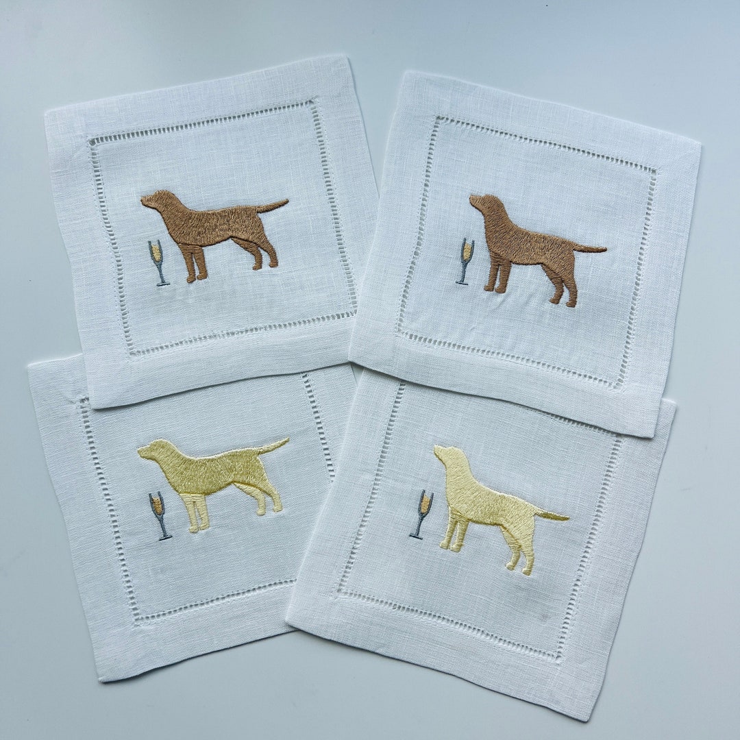Embroidered Labrador Cocktail Linen Napkins, Puppy Linen Napkin, Yellow ...