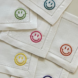 Embroidered Happy Face Linen Cocktail Napkins, Smiley Face Napkins ...