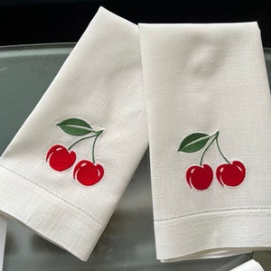 Embroidered Cherry Linen Cocktail Napkins, Cherries Custom Napkins ...