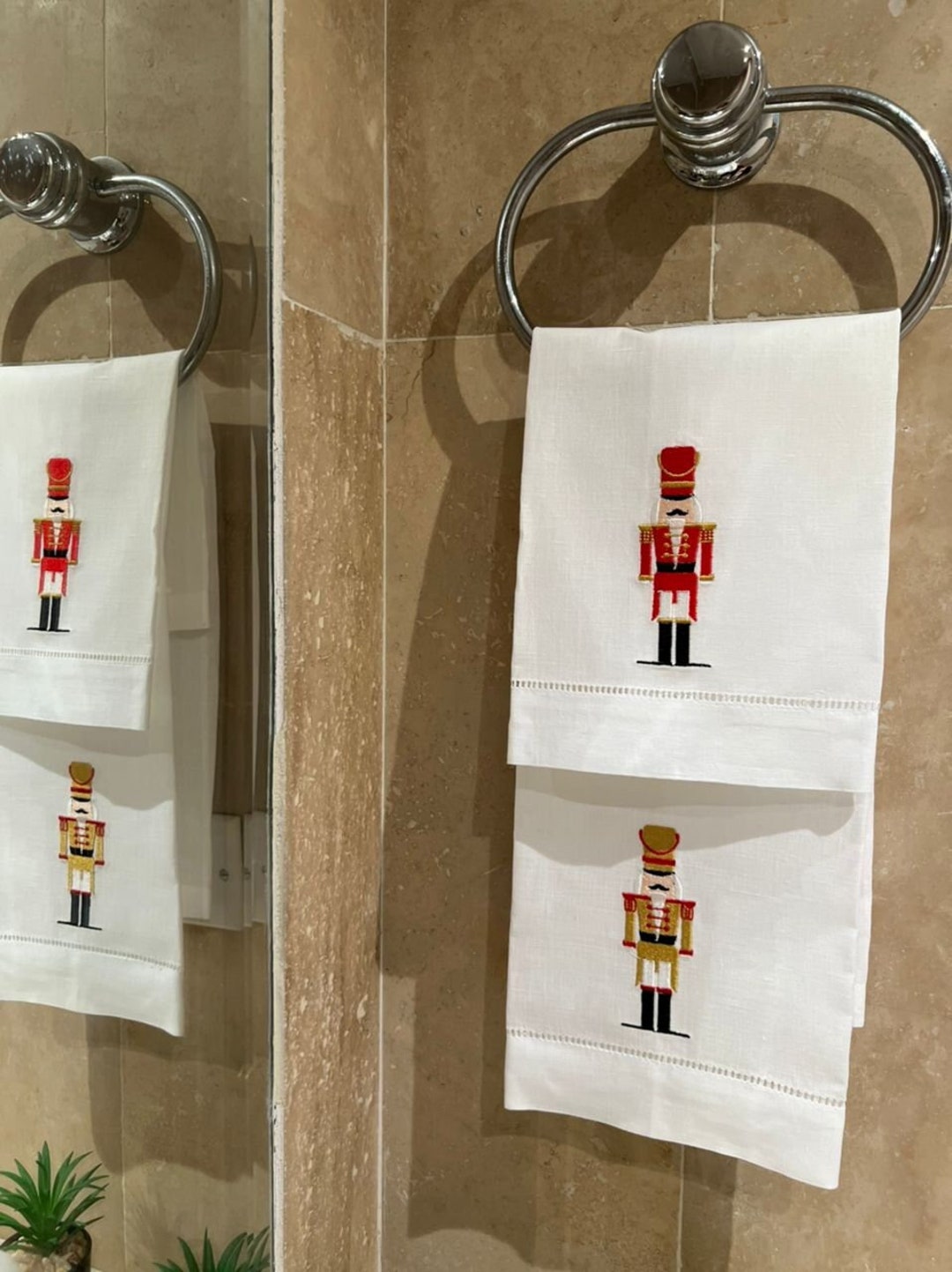Embroidered Nutcracker Linen Towel, Christmas Linen Bathroom Towel ...