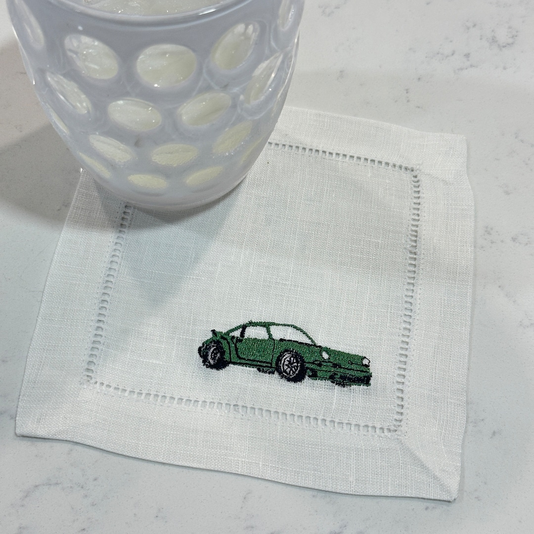 Embroidered Custom Vintage Porsche Cocktail Linen Napkin, Embroidered ...