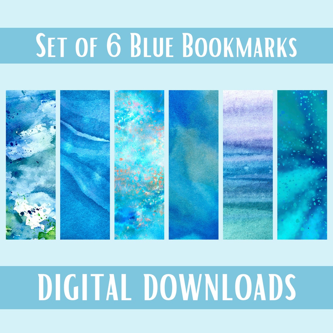 Set of 6 Digital Blue Watercolor Bookmarks Digital Product - Etsy