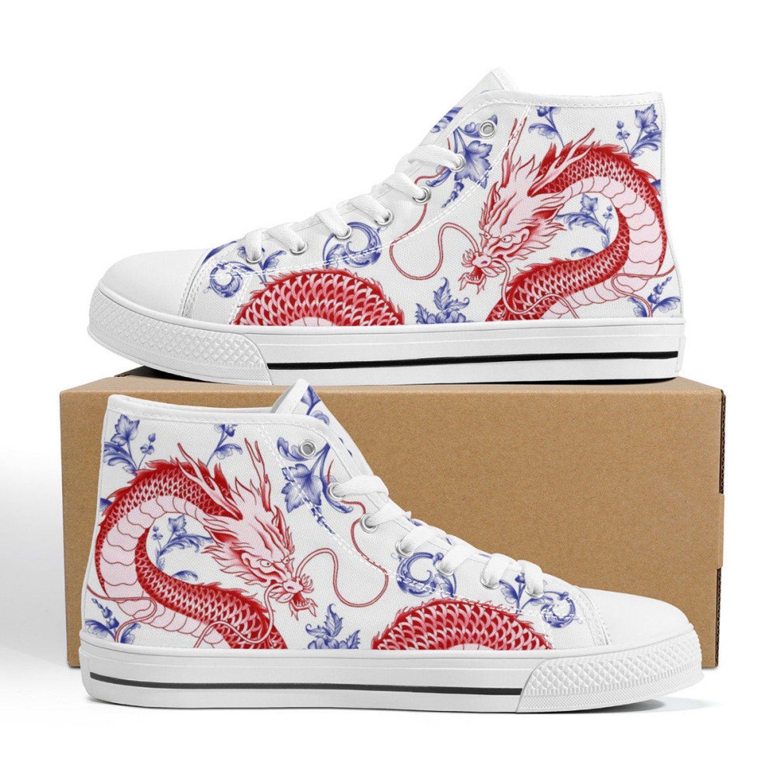 Red Dragon Blue Ceramic White High Top Converse Style Sneakers Custom ...