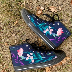Floral Pattern High Top Blue Converse Style Sneakers Custom Shoes ...