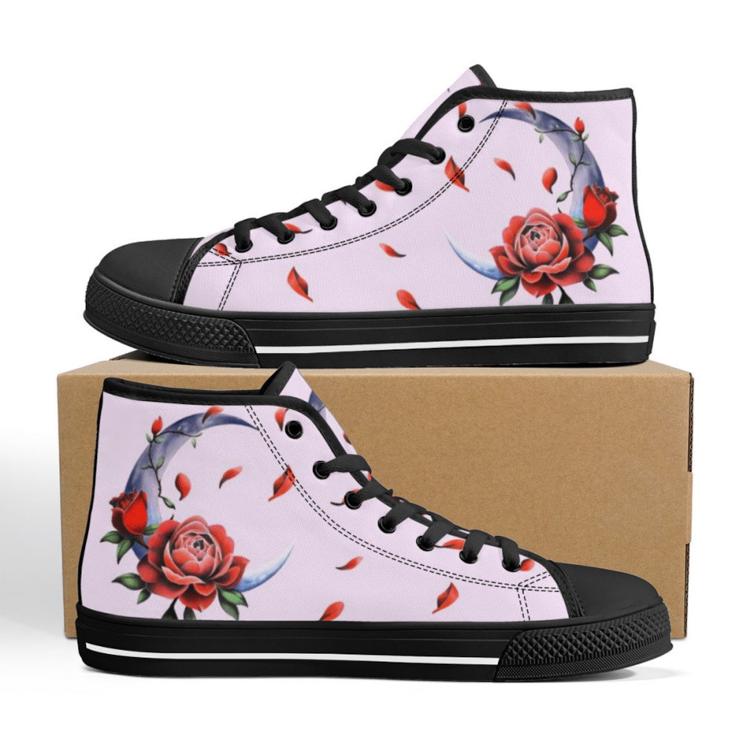 Pink Moon and Roses Black High Top Converse Style Sneakers | Custom ...