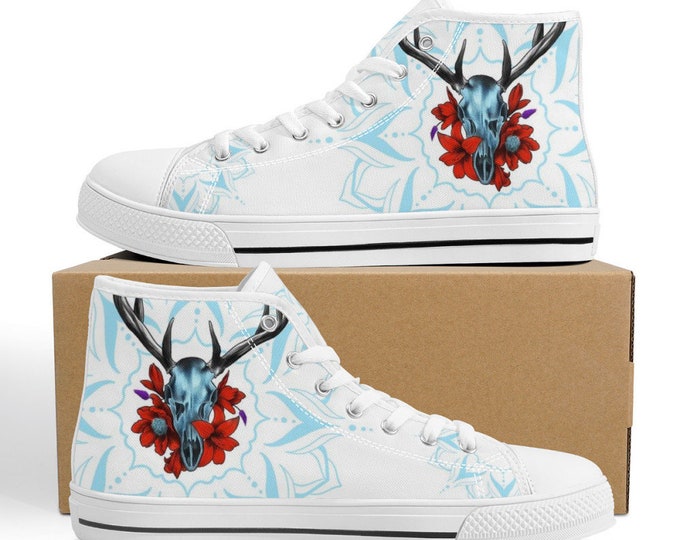Blue Deer Skull Mandala White High Top Converse Style Sneakers | Custom ...