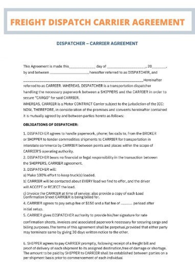 Freight Dispatch Carrier Contract Agreement Etsy