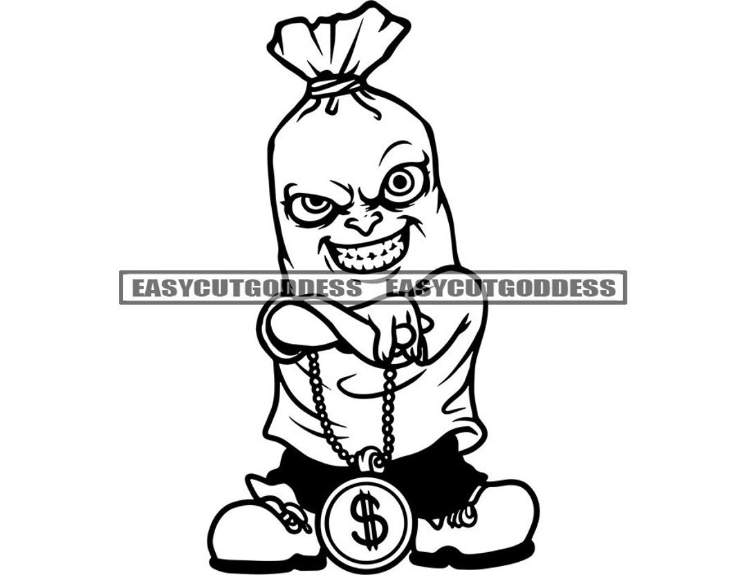 Money Bag Head Man Cartoon Character Bragging Big Gold Chain Sarcastic ...