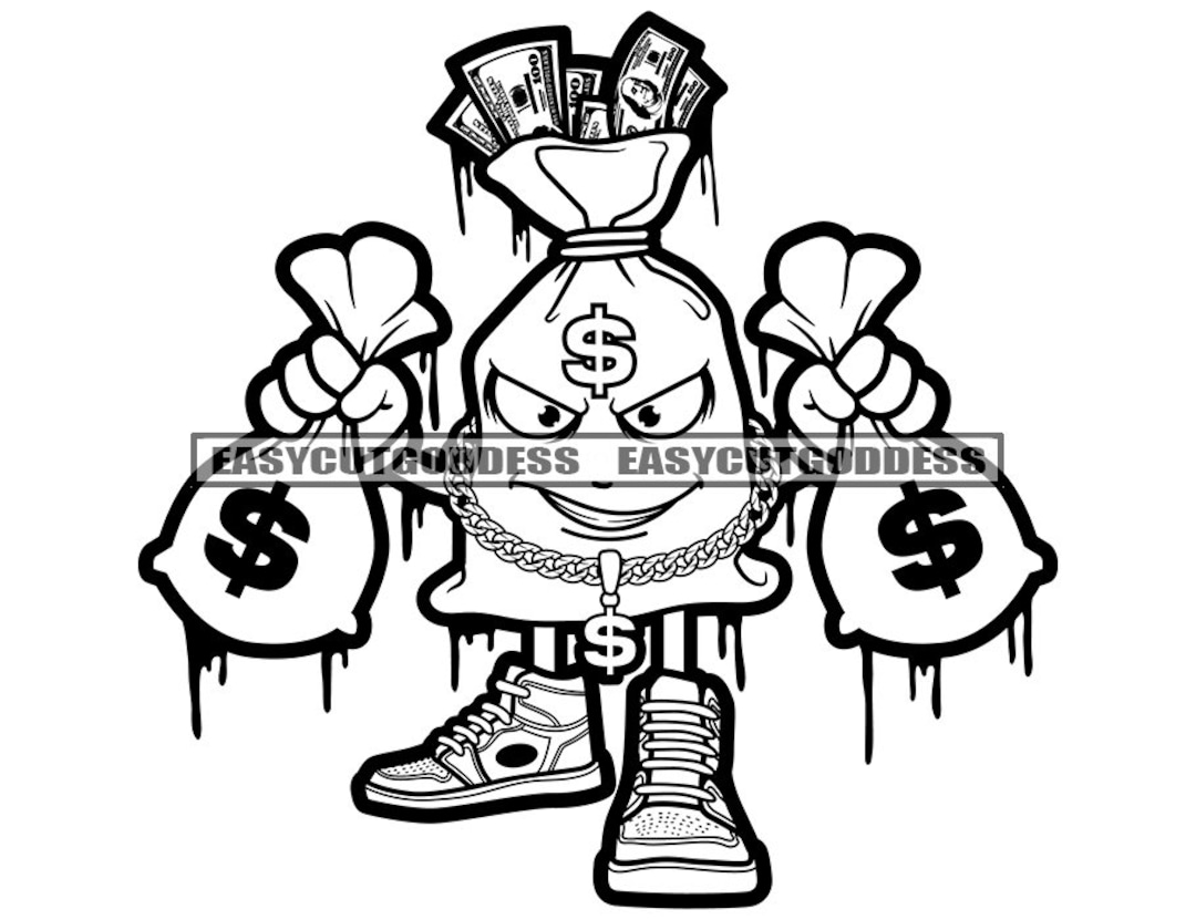 Money Bag Cartoon Character Bag Full Cash Hustler Dripping Grind Hustle ...