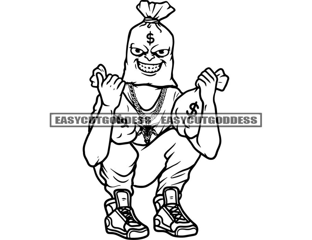 Hustler Money Bag Head Man Cartoon Character Bragging Showing off Money ...